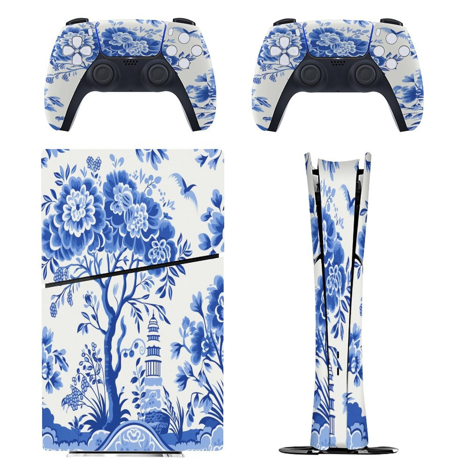 Blue Chinoiserie Toile Flowers Tree Birds PS5/PS5 Slim Digital Disc ...
