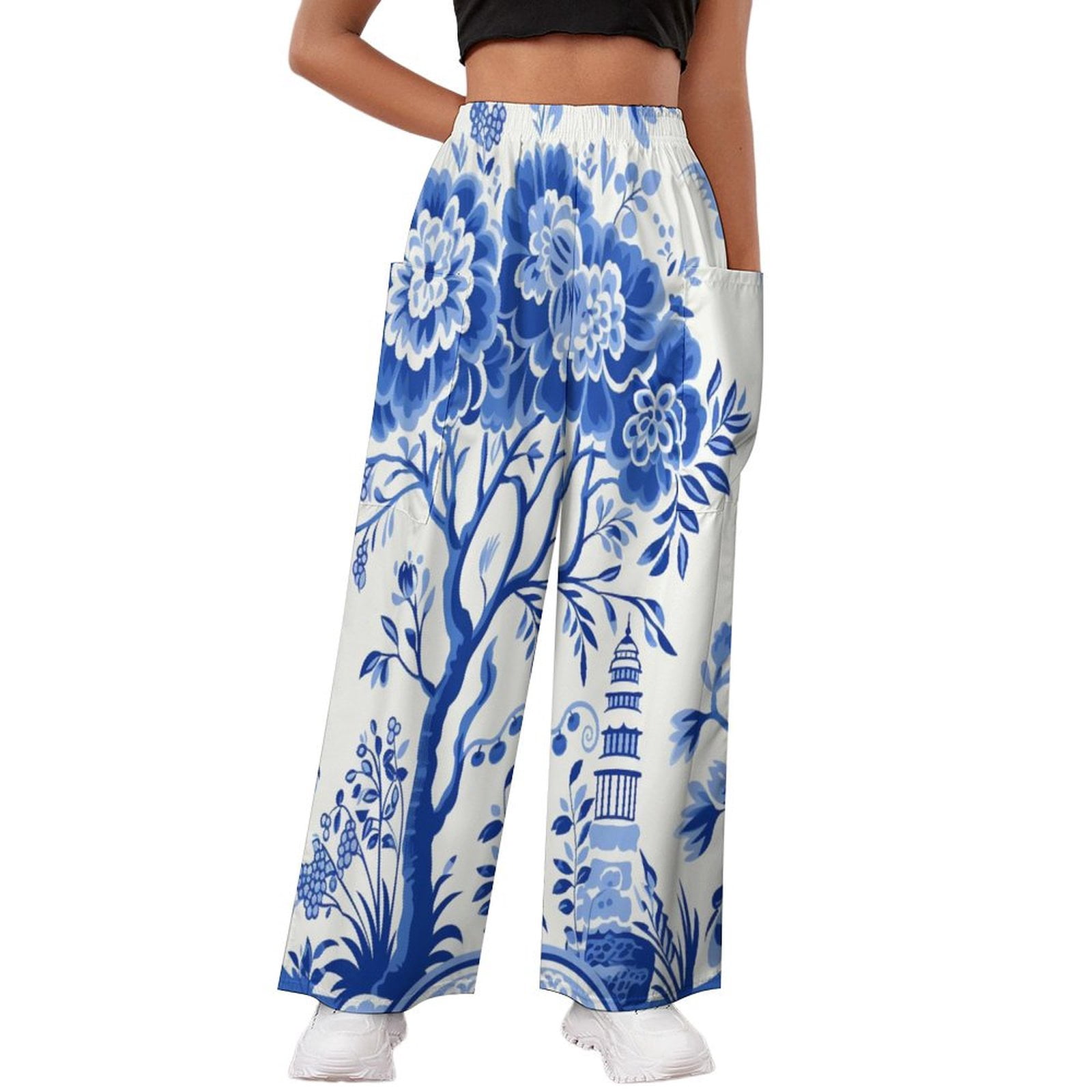 Blue Chinoiserie Toile Flowers Tree Birds Straight Leg Trousers for ...
