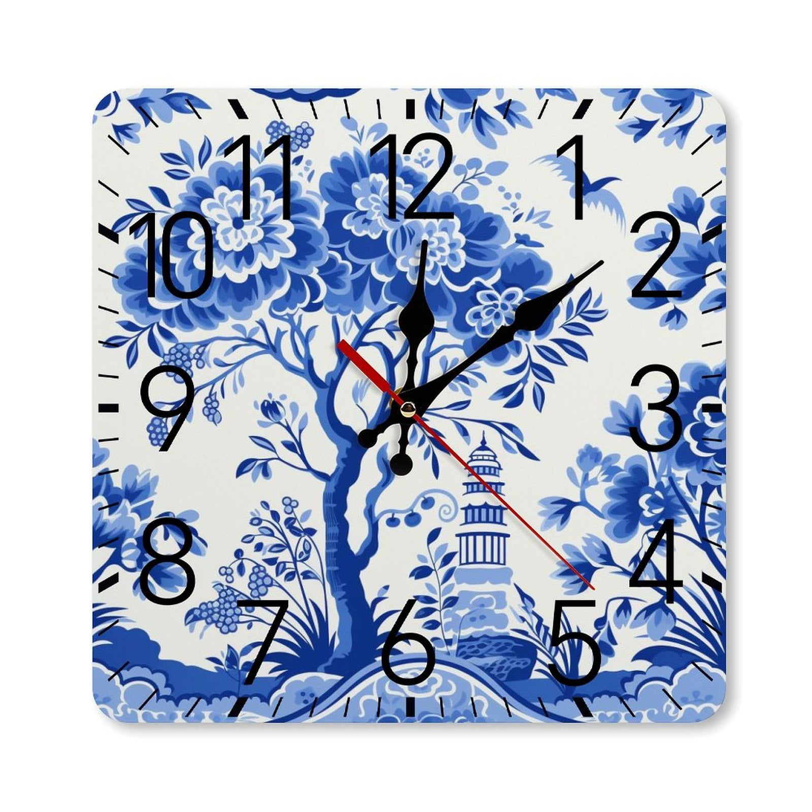 Blue Chinoiserie Toile Flowers Tree Birds Wall Clock Silent Non-Ticking ...