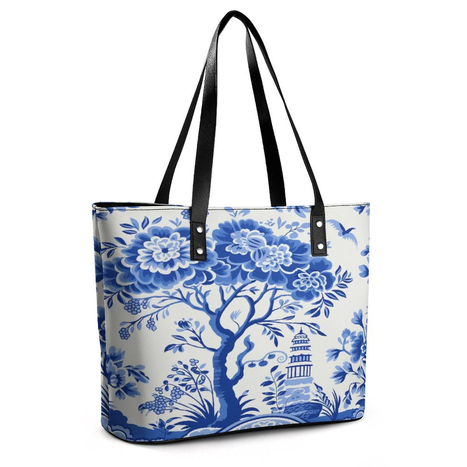 Blue Chinoiserie Toile Flowers Tree Birds Woman Leather Handbags Large ...