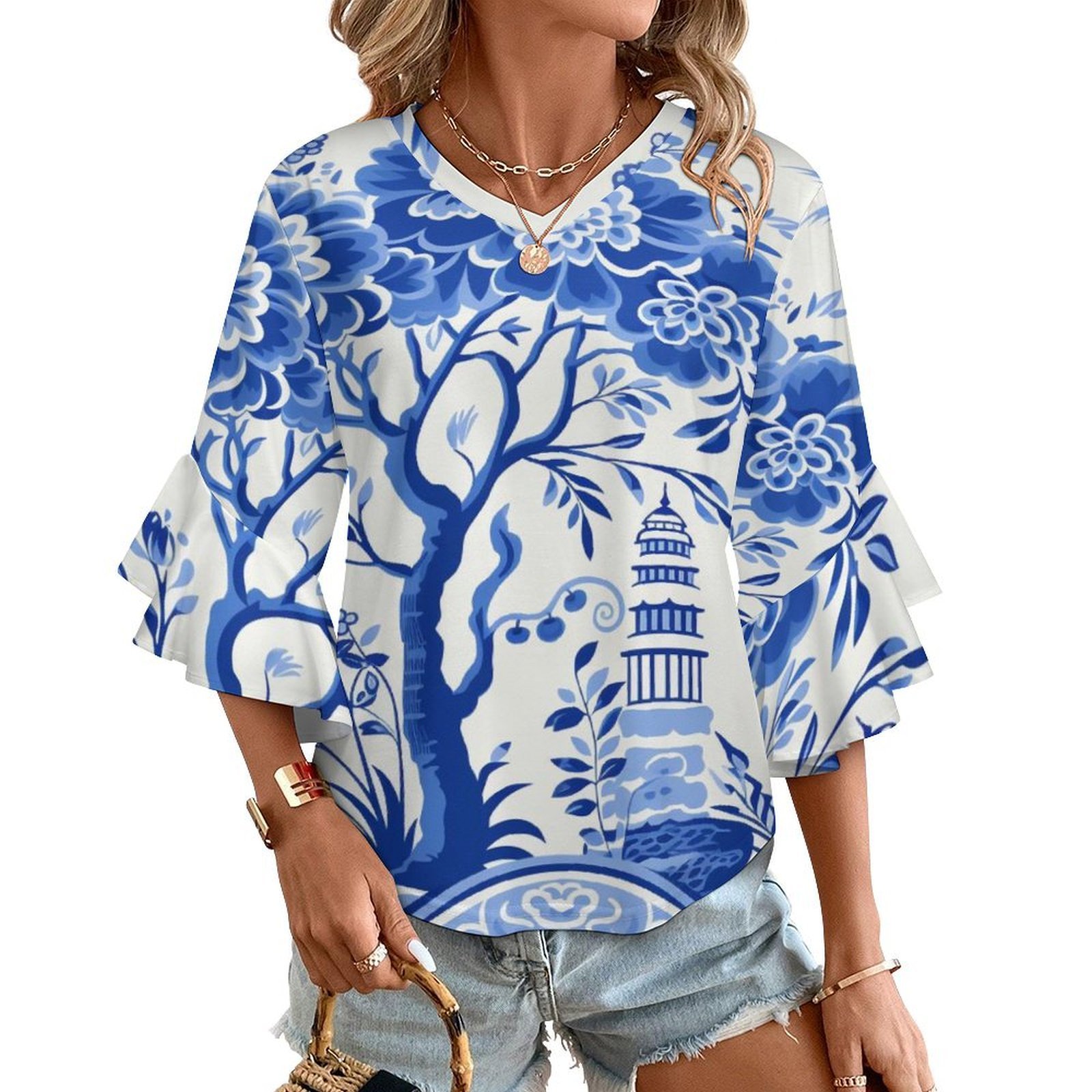 Blue Chinoiserie Toile Flowers Tree Birds Women's V-Neck Blouse With 3/ ...
