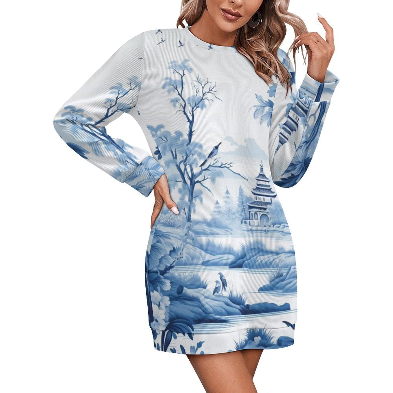 Blue Chinoiserie Toile Flowers Women Elegant Long Sleeve Warm Dress ...