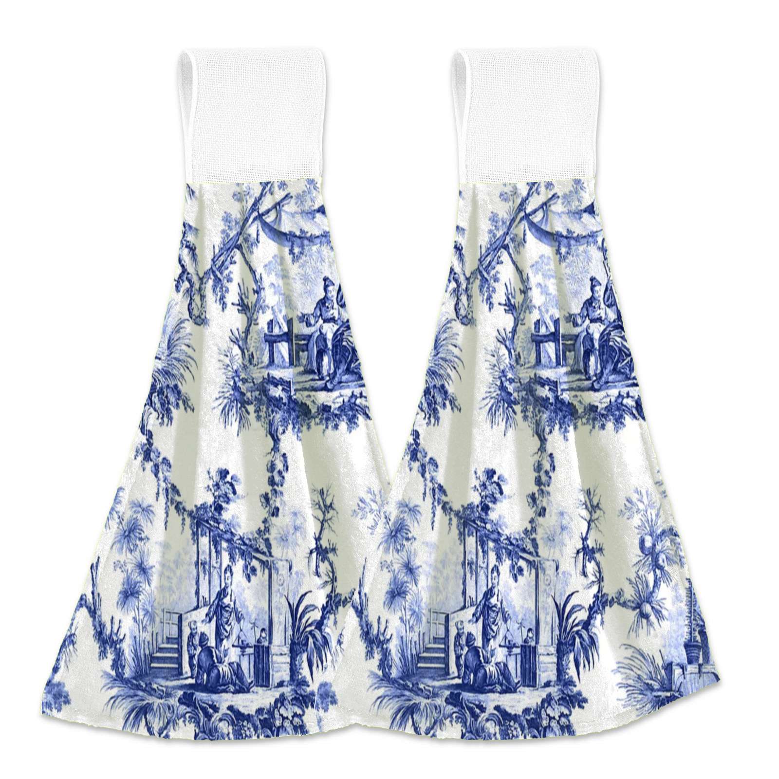 Blue Chinoiserie Toile Hanging Kitchen Hand Towels Sets with Loop Hand ...