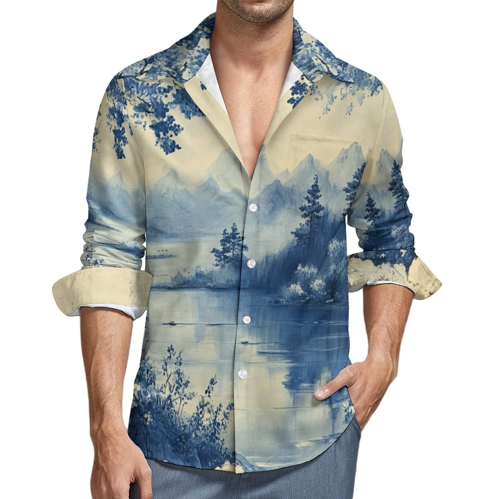 Blue Chinoiserie Toile Hawaiian Shirt for Men Long Sleeve Button Down ...