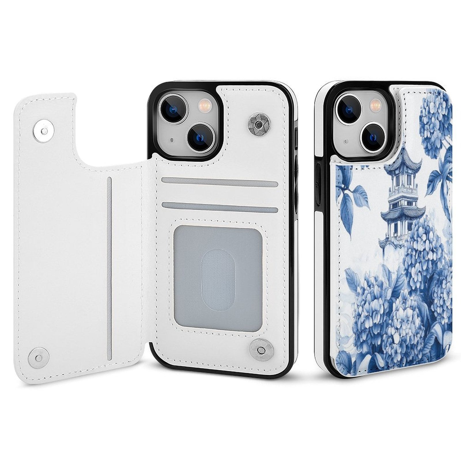 Blue Chinoiserie Toile Hydrangea Leather Wallet Case for iPhone 16 15 14 13 12 11 Pro Max Wallet ...
