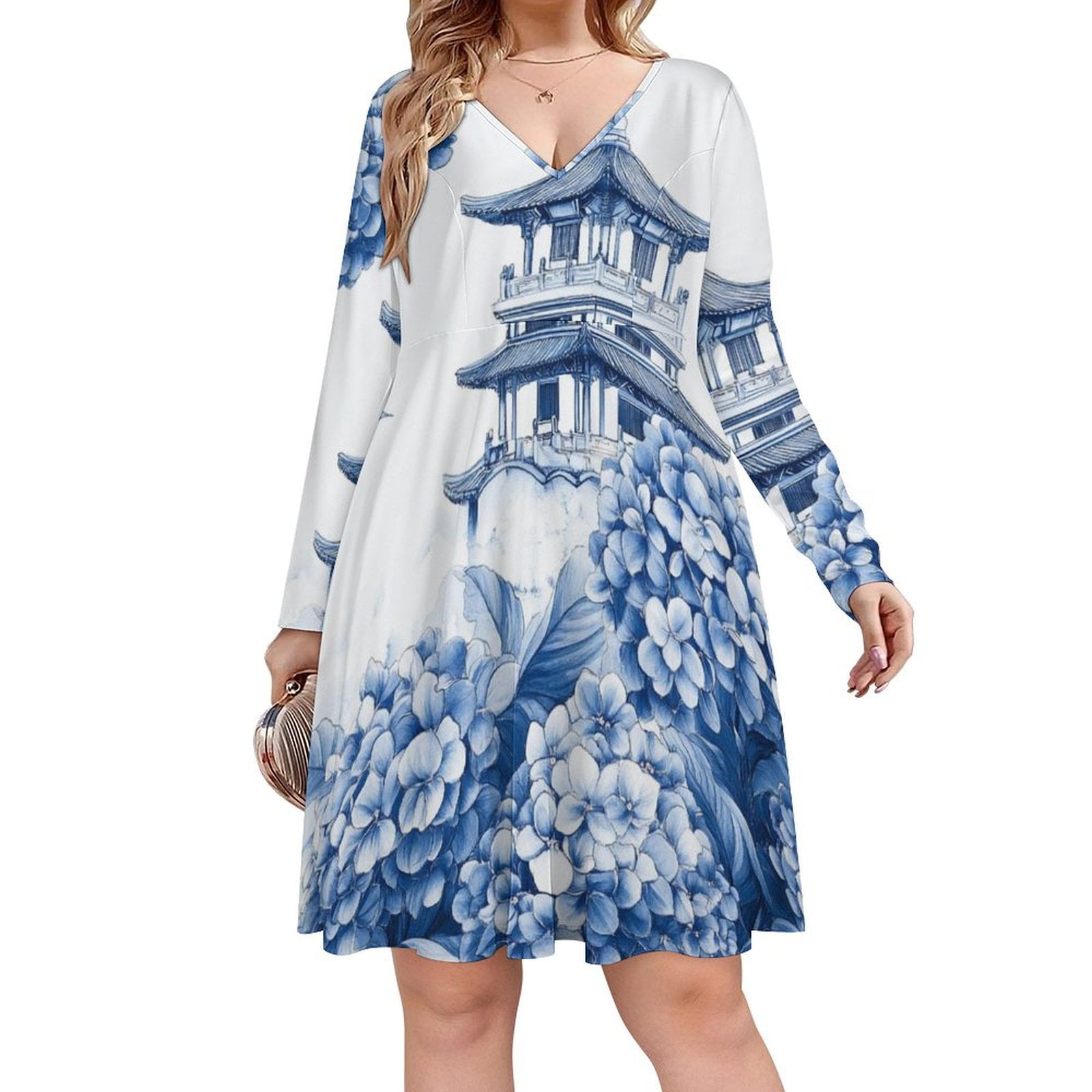 Blue Chinoiserie Toile Hydrangea Long Sleeve Dresses For Women Vintage ...