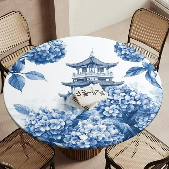Blue Chinoiserie Toile Hydrangea Round Table Cover Kitchen Printed ...