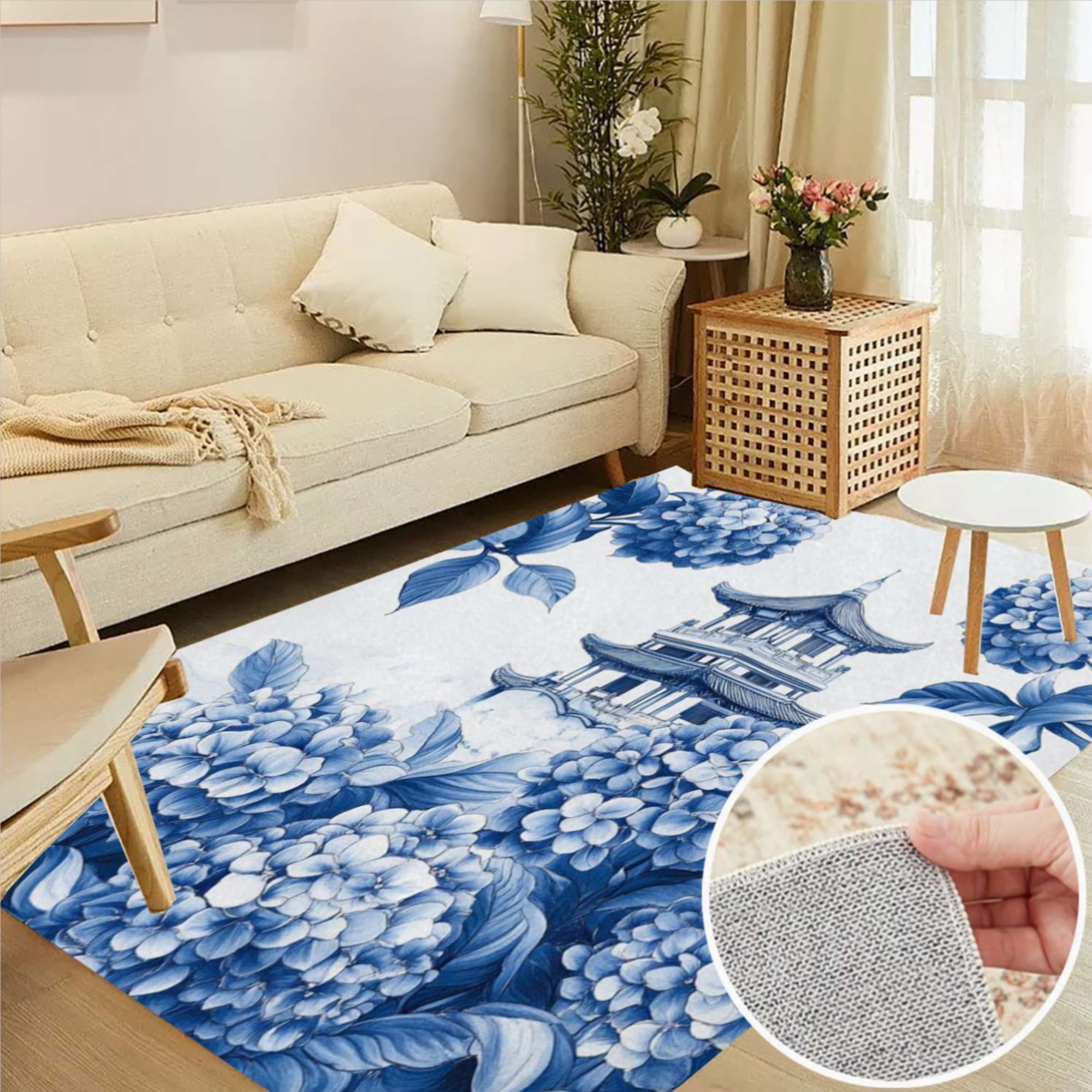 Blue Chinoiserie Toile Hydrangea Soft Large Area Rugs Washable Rug With ...