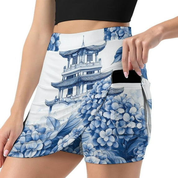Blue Chinoiserie Toile Hydrangea Women's Shorts Non-Slip Single Pocket ...