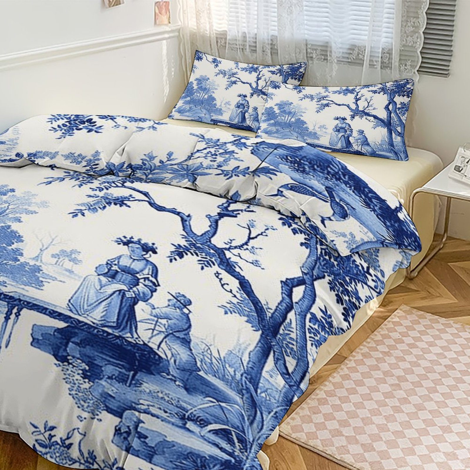 Blue Chinoiserie Toile Lady 90"x90" 3 Pcs Soft Bedding Set Includes 1 ...