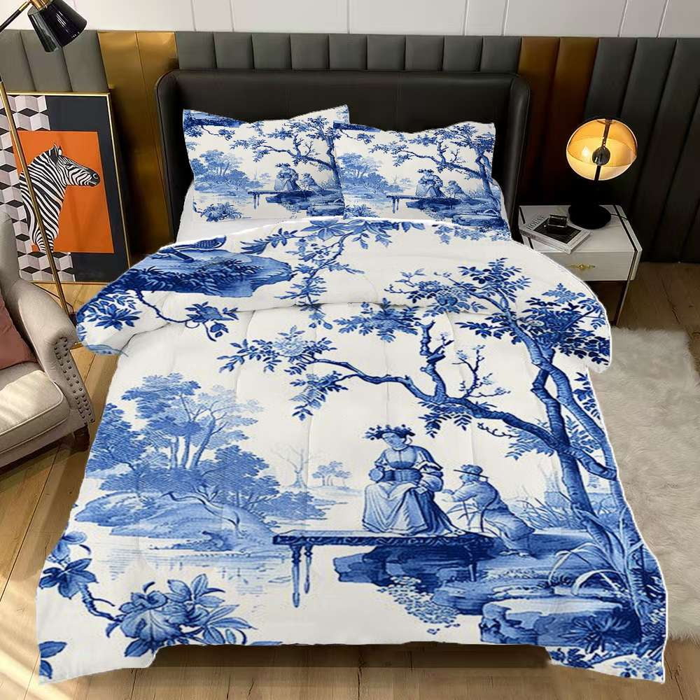 Blue Chinoiserie Toile Lady Comforter Set Twin Size Bedding Set For ...