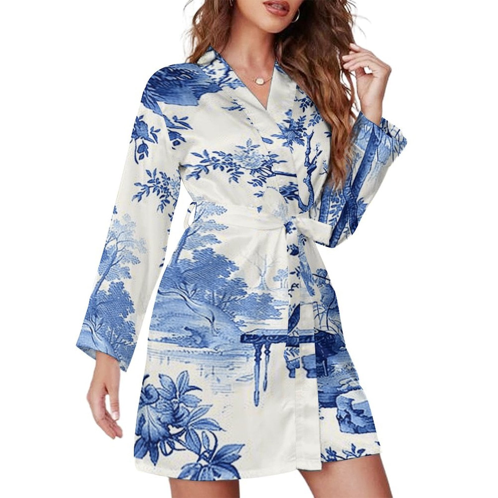 Blue Chinoiserie Toile Lady Night Robe Long Sleeve V Neck Robe With ...