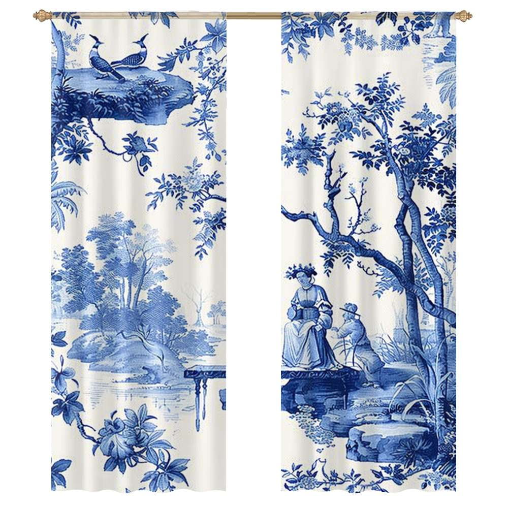 Blue Chinoiserie Toile Lady Tulle Curtains For Living Room Chiffon ...