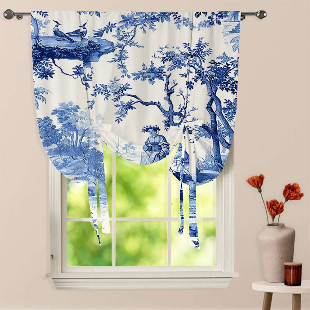 Blue Chinoiserie Toile Lady Window Curtain for Living Room Roman ...