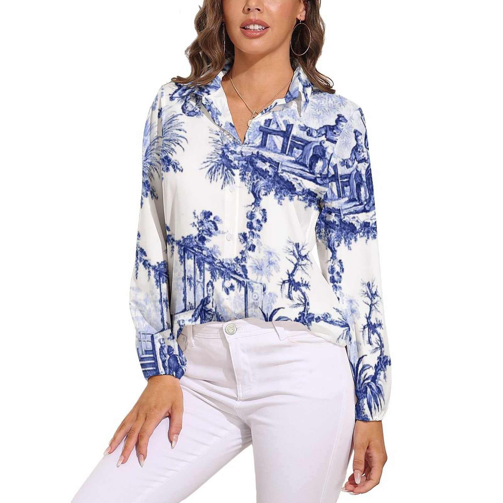 Blue Chinoiserie Toile Long Sleeve Blouse Woman Streetwear Casual ...