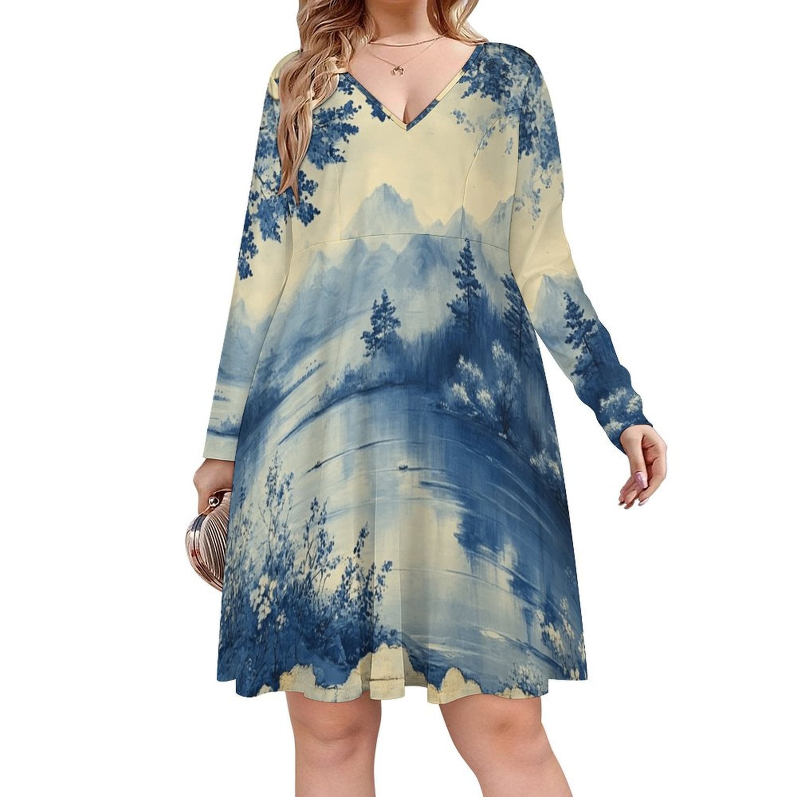 Blue Chinoiserie Toile Long Sleeve Dresses For Women Vintage Elegant ...