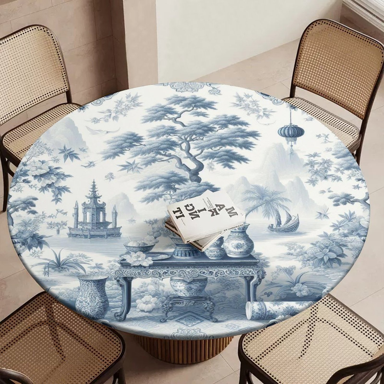 Blue Chinoiserie Toile Luxury Style Round Table Cover Kitchen Printed ...