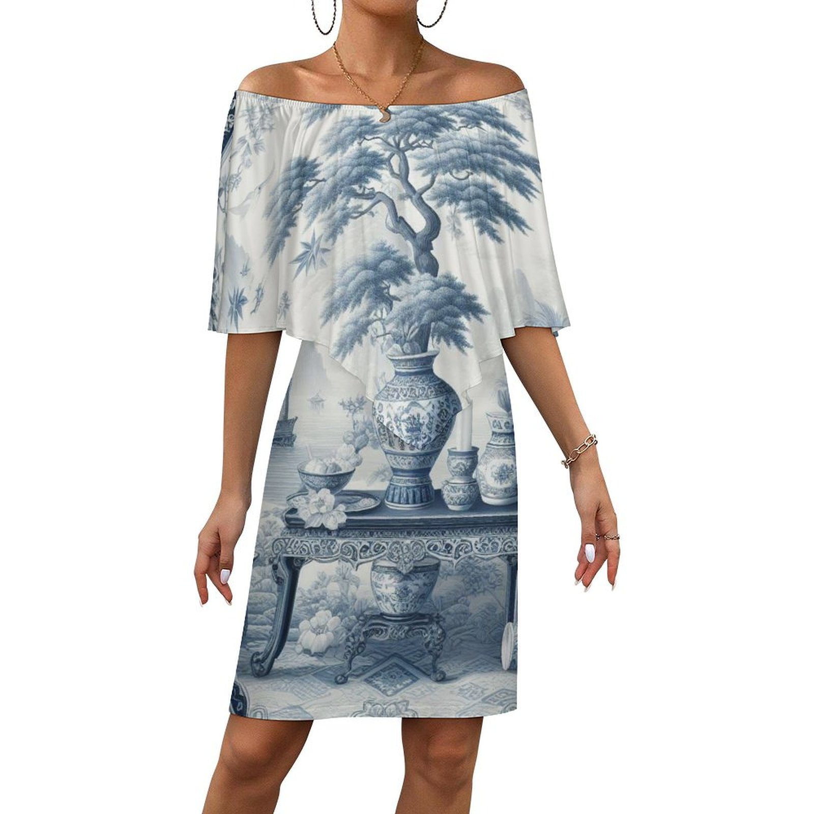 Blue Chinoiserie Toile Luxury Style Women's Off The Shoulder Ruffles ...