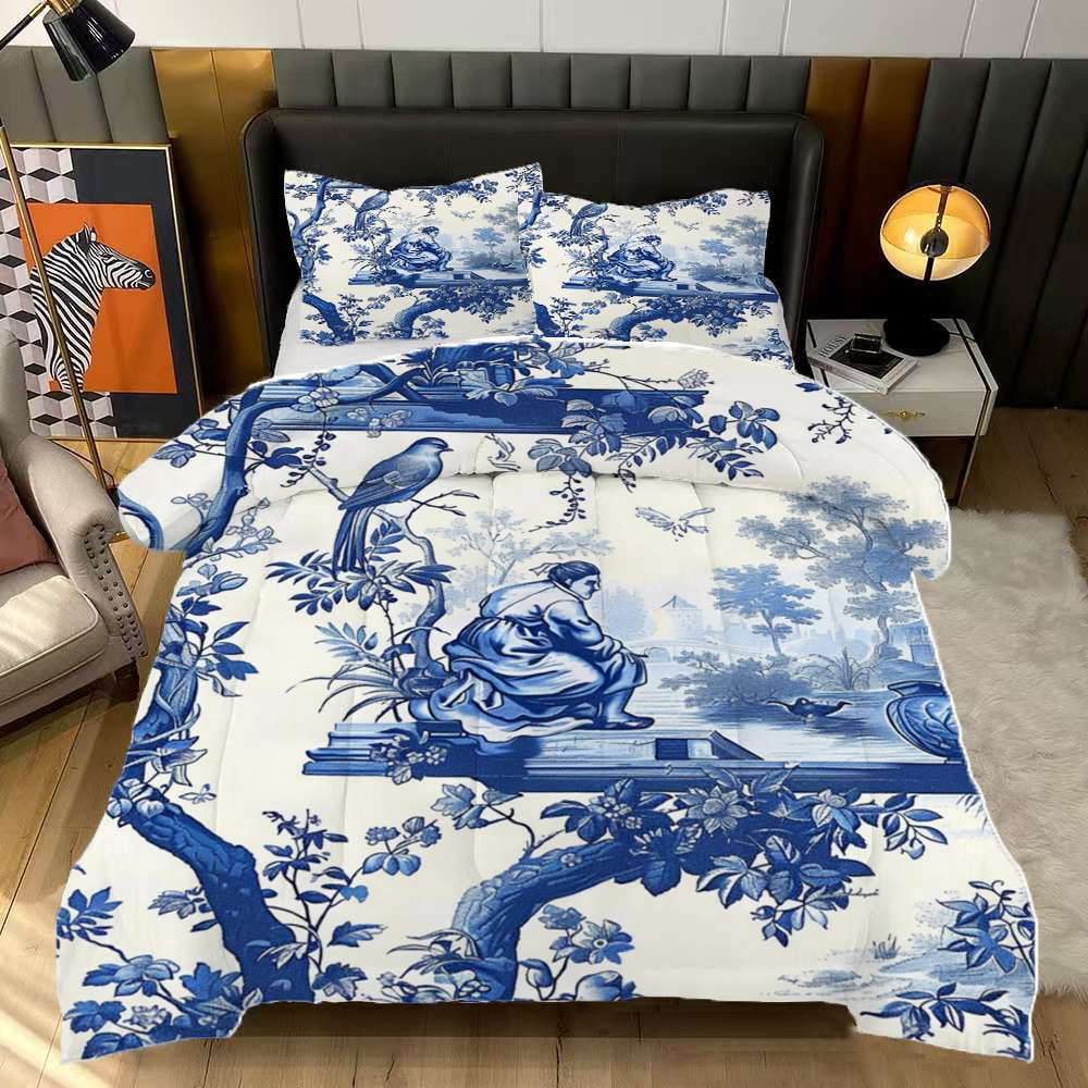 Blue Chinoiserie Toile Pattern Bird Tree Comforter Set Queen Size ...