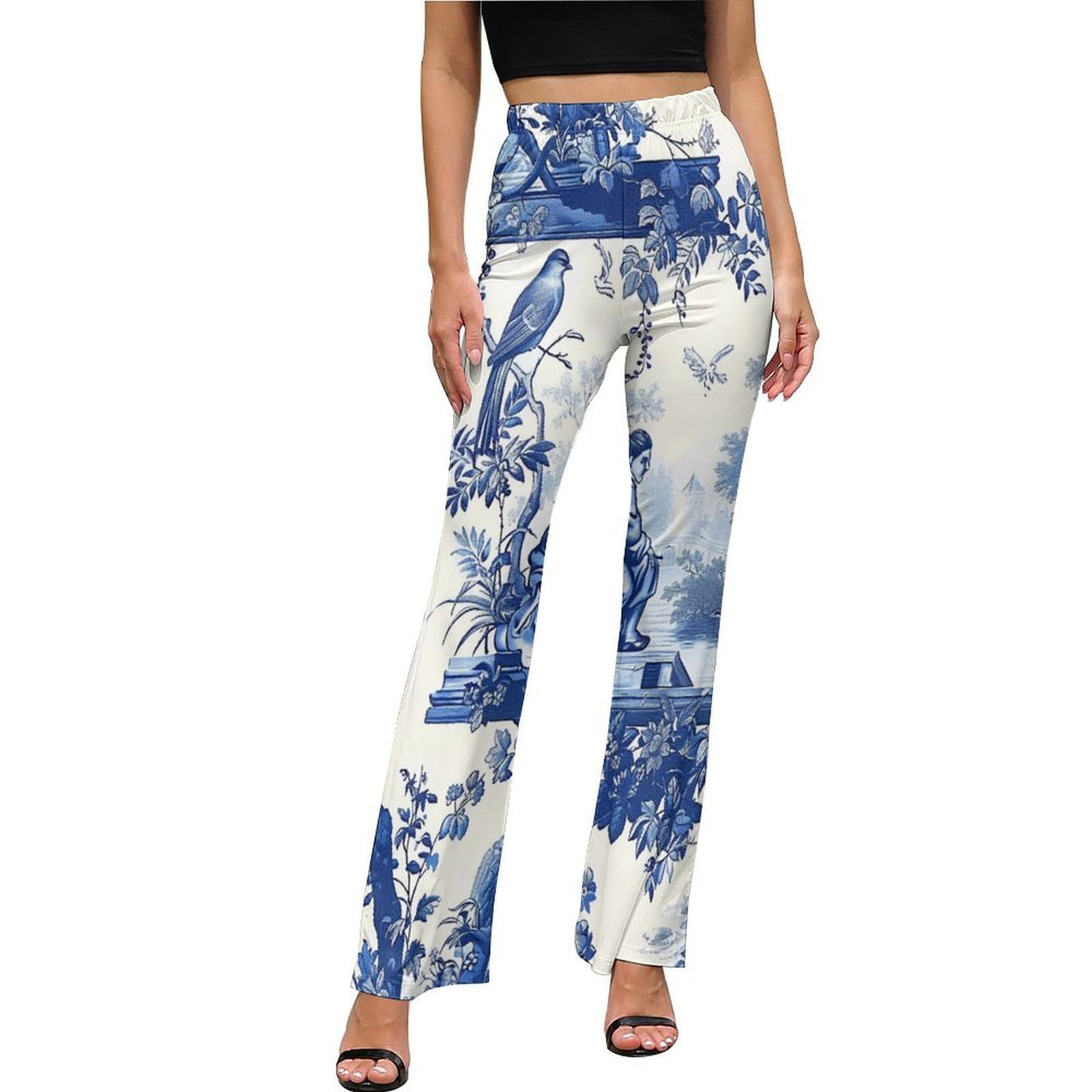Blue Chinoiserie Toile Pattern Bird Tree High Waisted Casual Flared ...