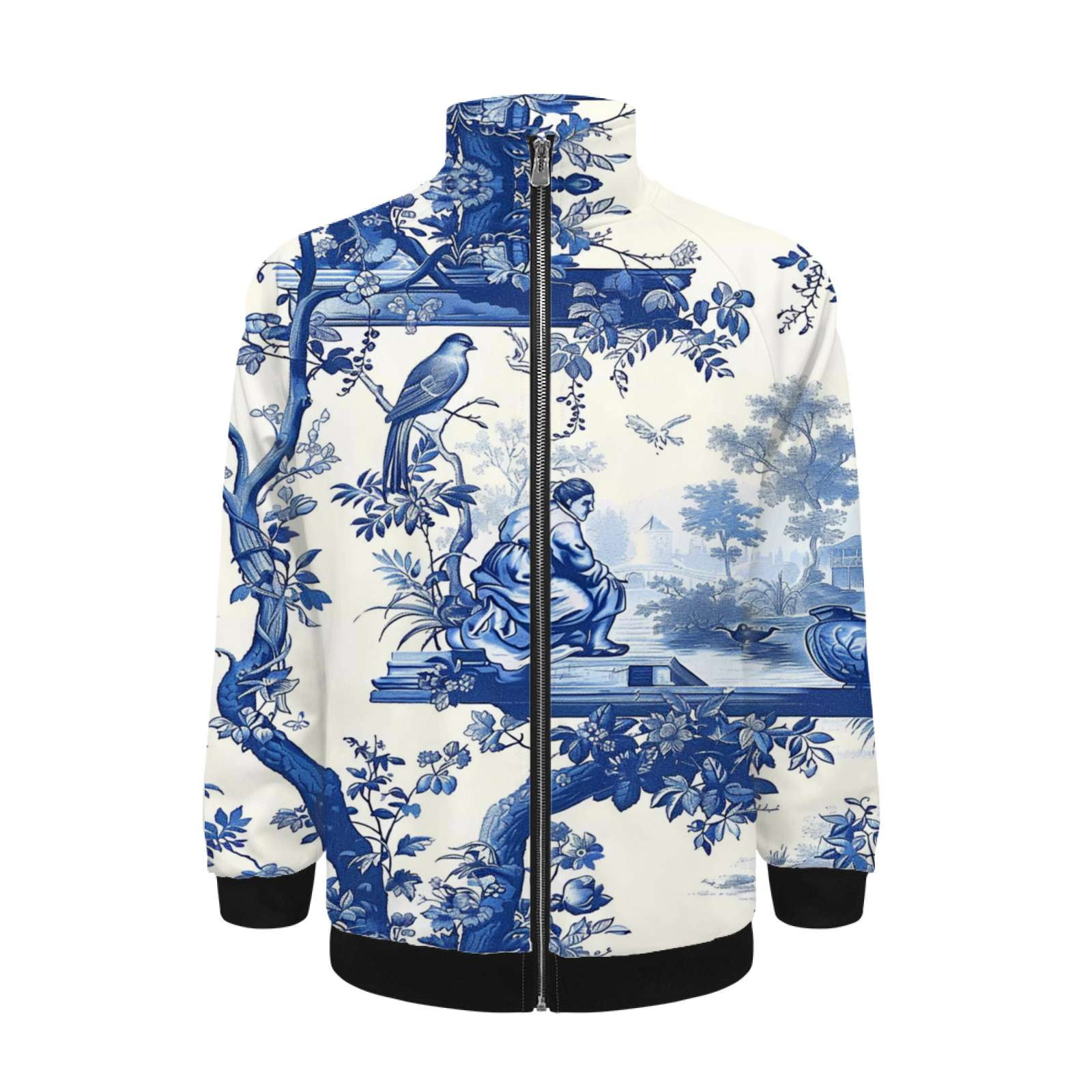 Blue Chinoiserie Toile Pattern Bird Tree Jacket Men's Street Cool Long ...