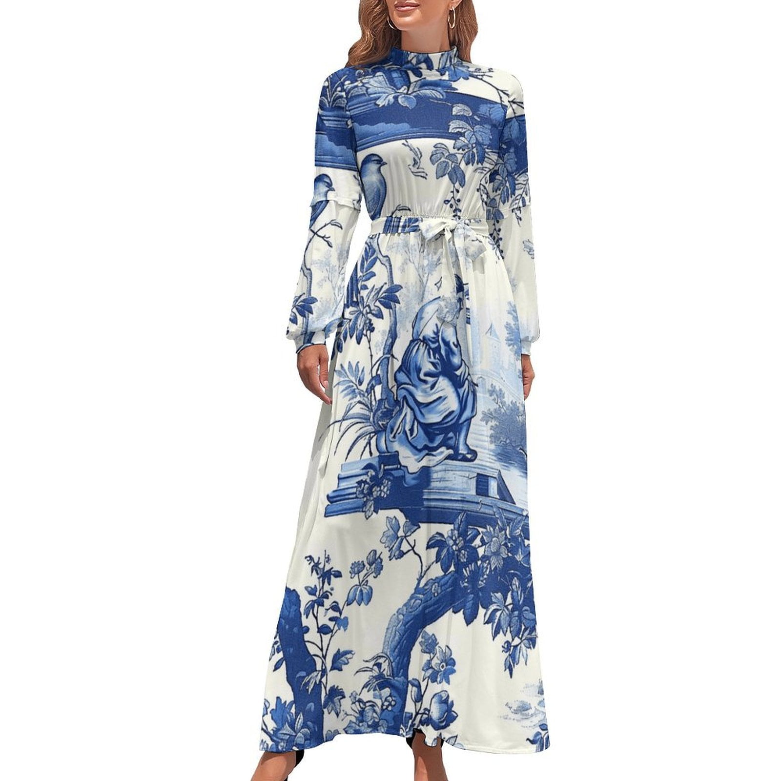 Blue Chinoiserie Toile Pattern Bird Tree Long Dress Women's Summer ...
