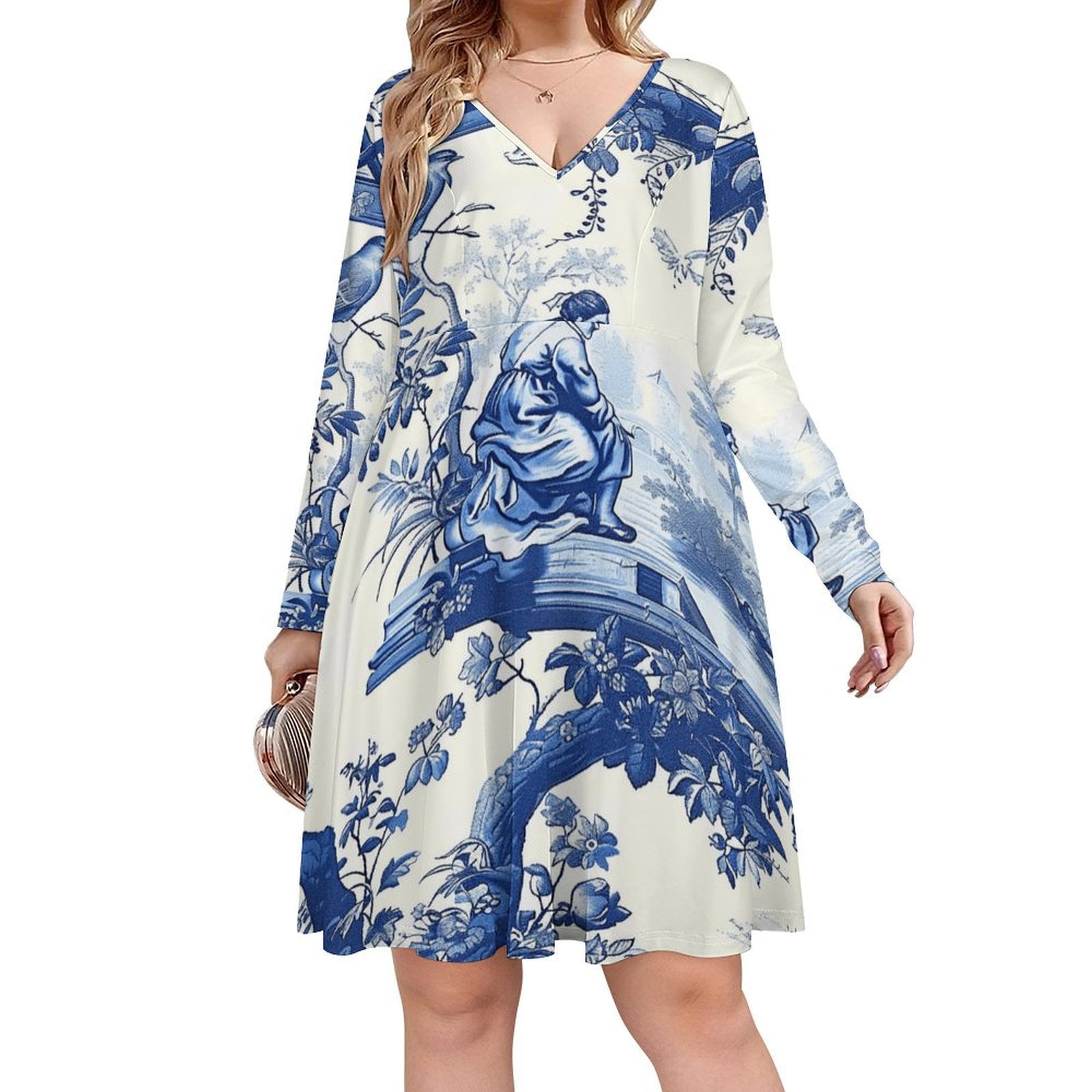 Blue Chinoiserie Toile Pattern Bird Tree Long Sleeve Dresses For Women ...