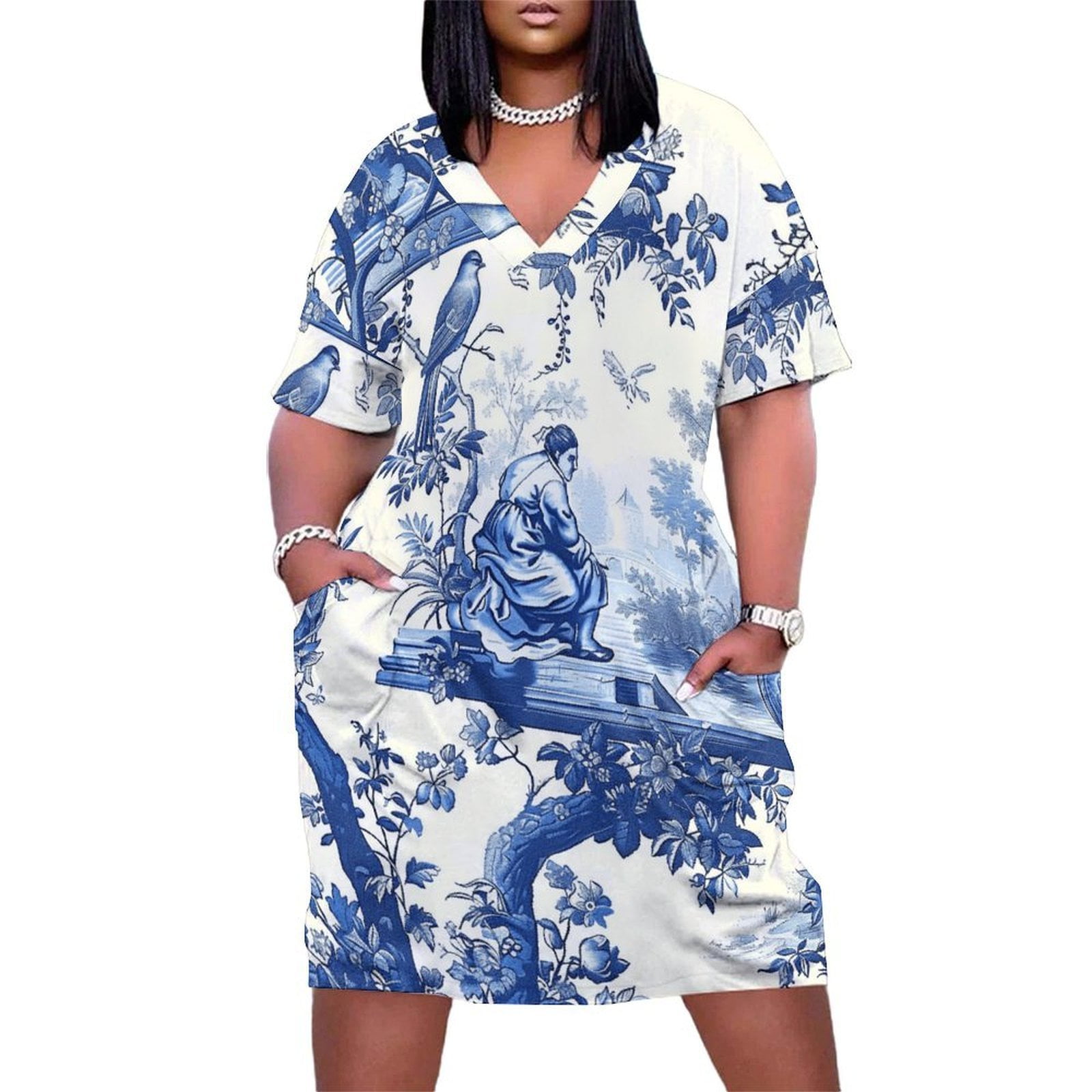 Blue Chinoiserie Toile Pattern Bird Tree Loose Pocket Dress Dresses ...