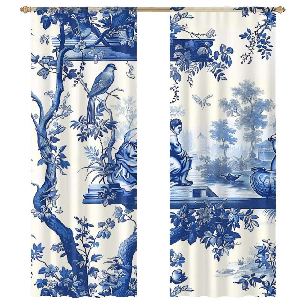 Blue Chinoiserie Toile Pattern Bird Tree Tulle Curtains For Living Room ...