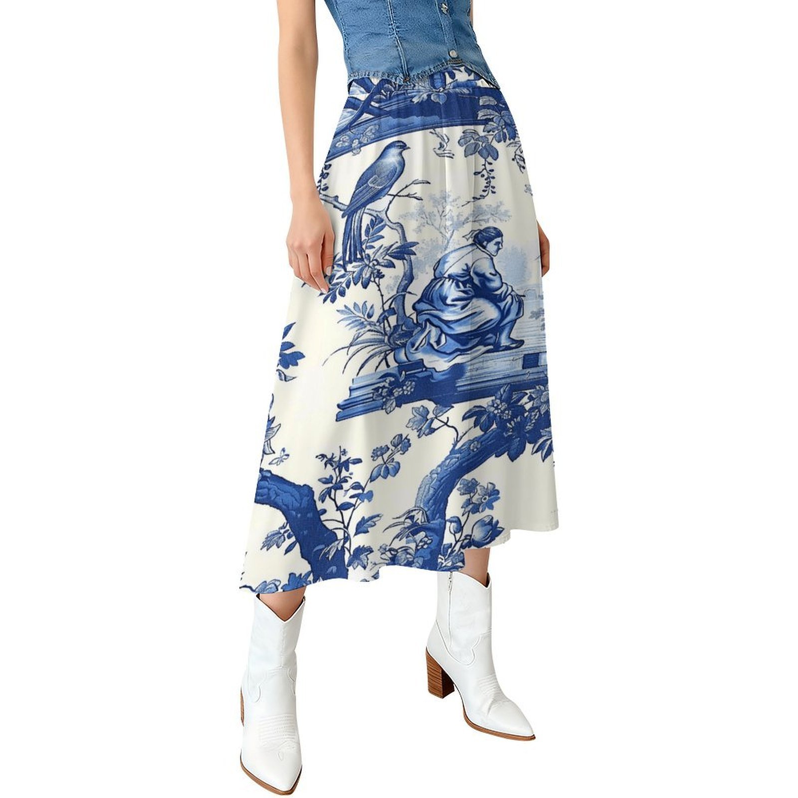 Blue Chinoiserie Toile Pattern Bird Tree Women High Waist Midi Skirt ...