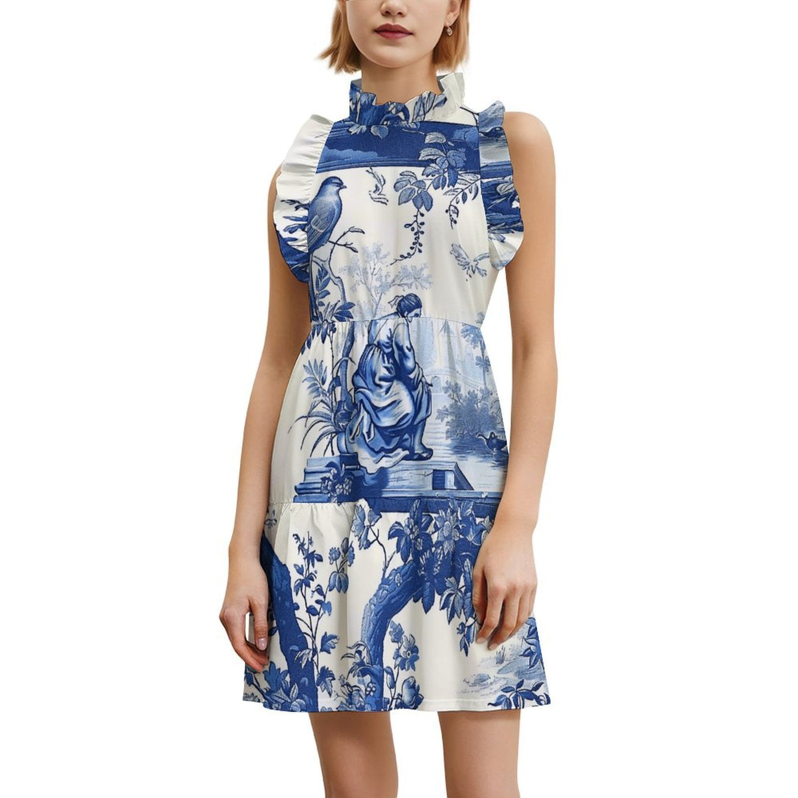 Blue Chinoiserie Toile Pattern Bird Tree Women's Fashion Casual Dress ...