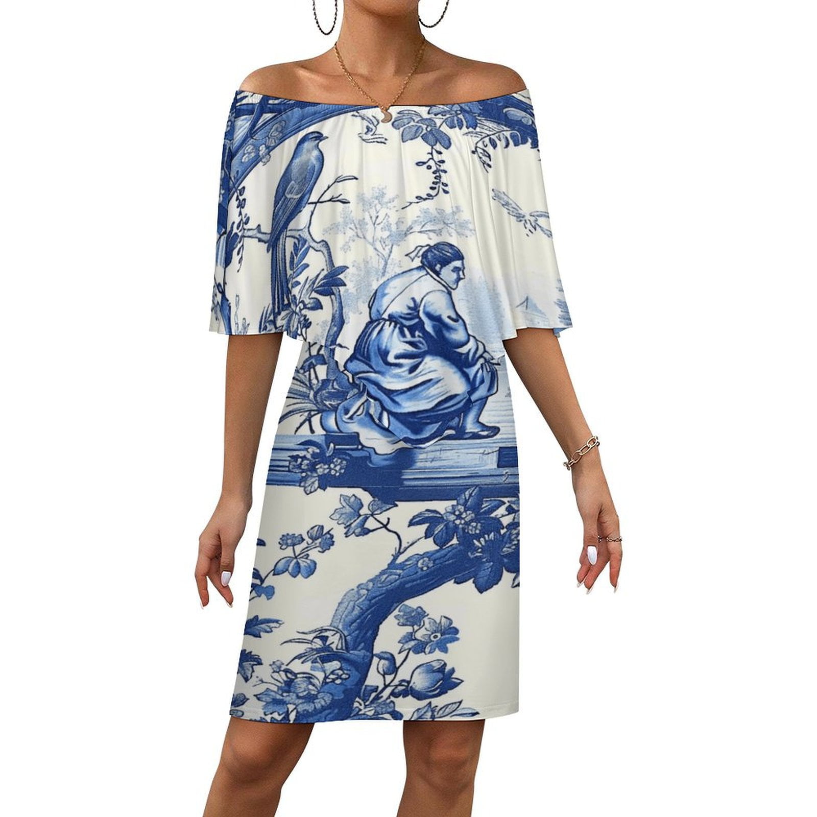 Blue Chinoiserie Toile Pattern Bird Tree Women's Off The Shoulder ...