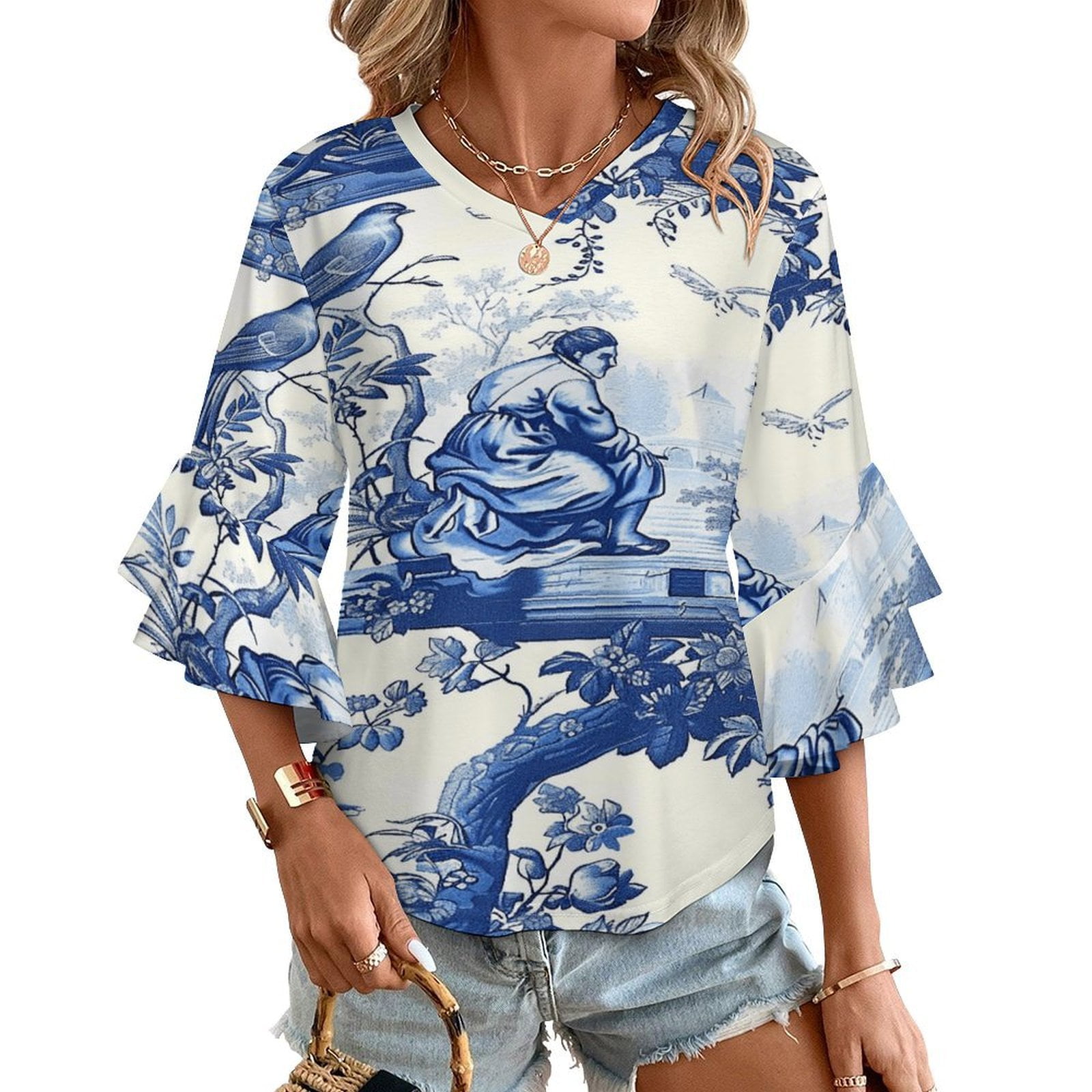 Blue Chinoiserie Toile Pattern Bird Tree Women's V-Neck Blouse With 3/4 ...