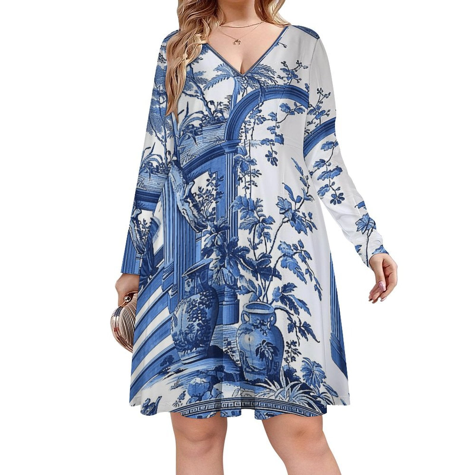 Blue Chinoiserie Toile Pattern Long Sleeve Dresses For Women Vintage ...