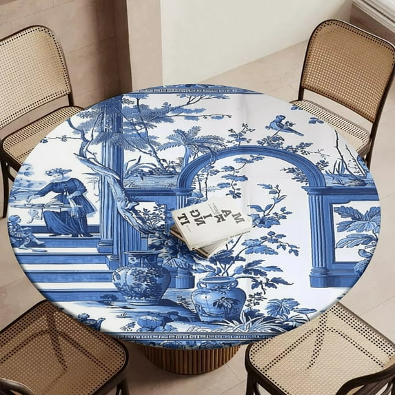 Blue Chinoiserie Toile Pattern Round Table Cover Kitchen Printed Waterproof Tablecloth Elastic ...