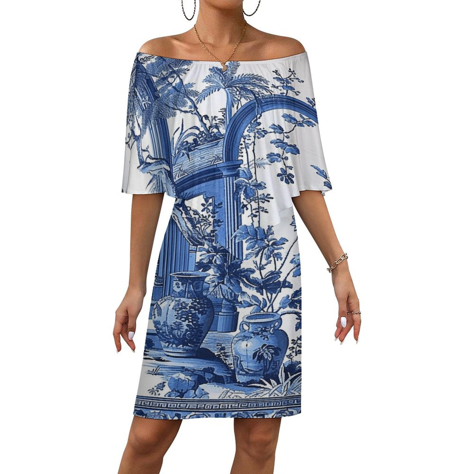 Blue Chinoiserie Toile Pattern Women's Off The Shoulder Ruffles Summer ...