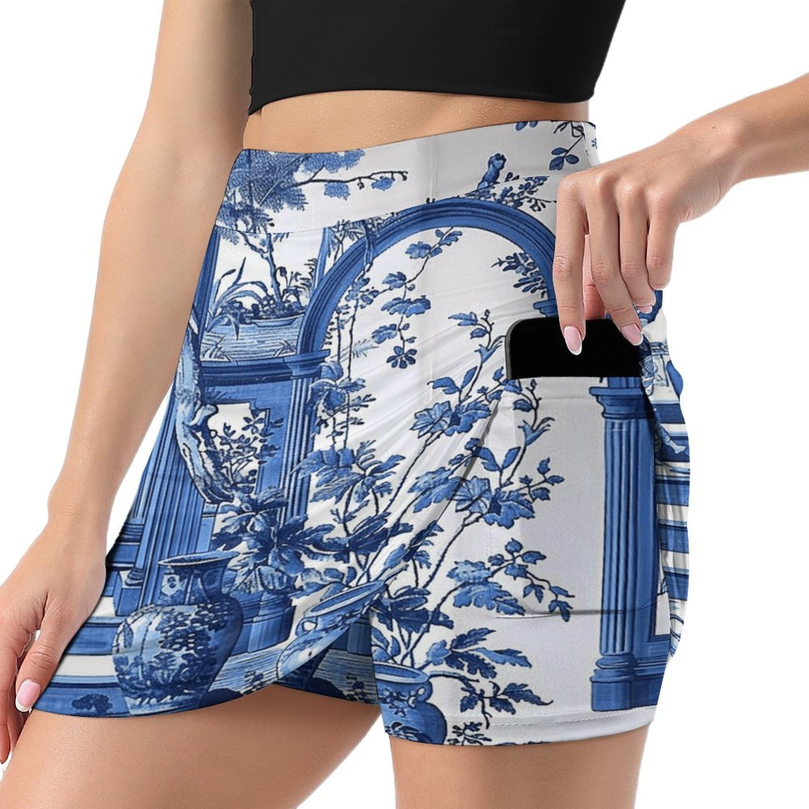 Blue Chinoiserie Toile Pattern Women's Shorts Non-Slip Single Pocket A ...