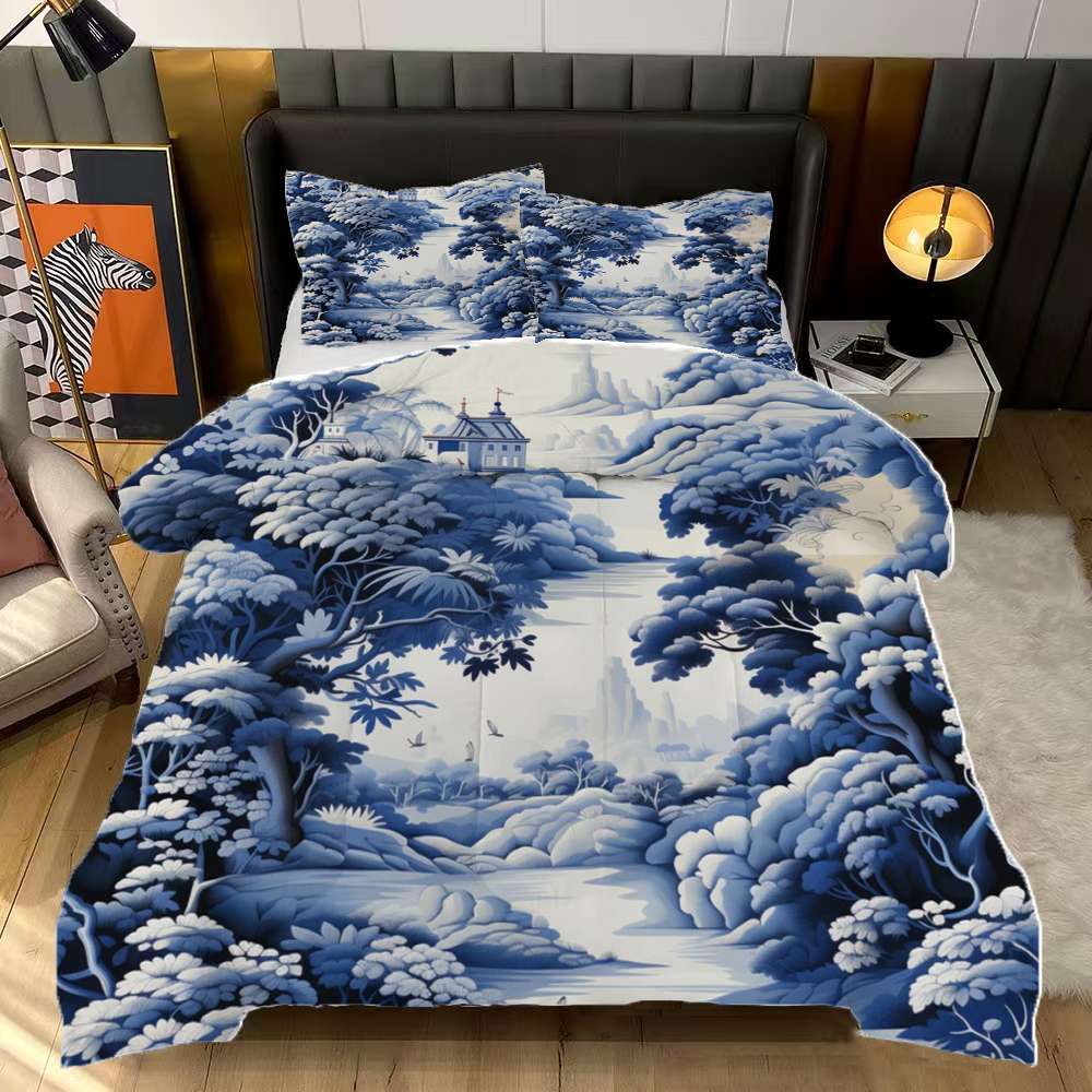 Blue Chinoiserie Toile River Comforter Set Twin Size Bedding Set For ...