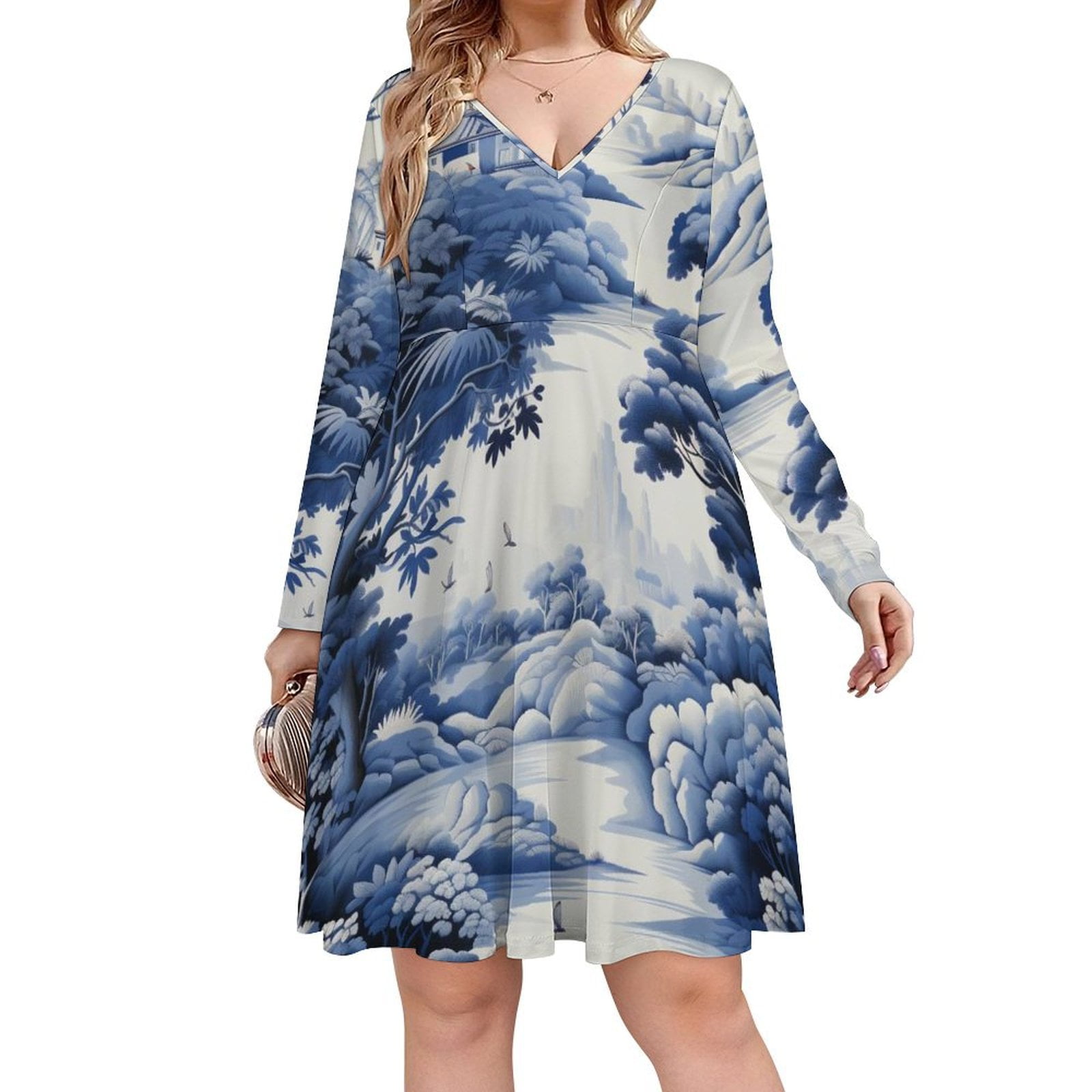 Blue Chinoiserie Toile River Long Sleeve Dresses For Women Vintage ...
