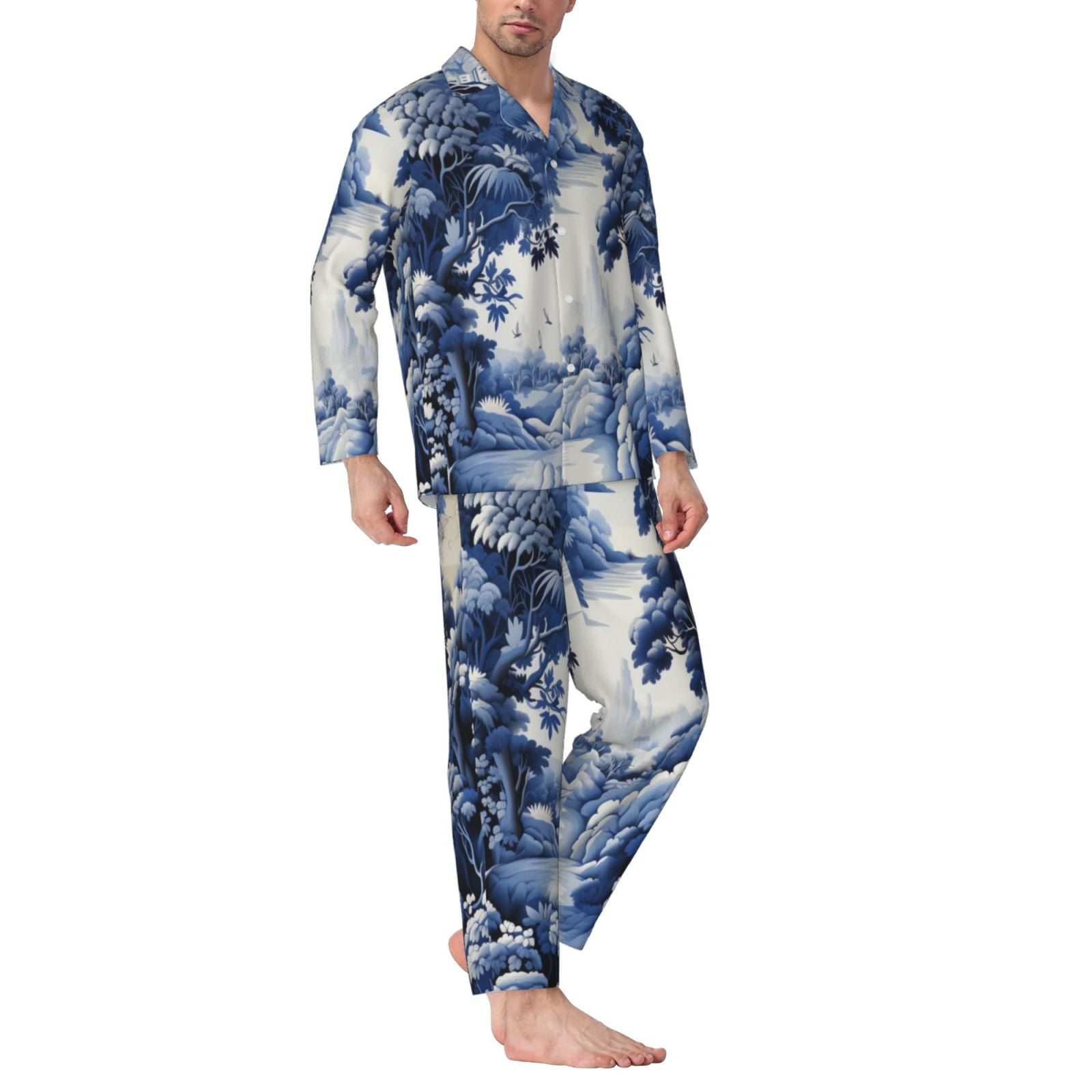 Blue Chinoiserie Toile River Men'S Pajamas Set Soft Pjs Sets Sleepwear ...