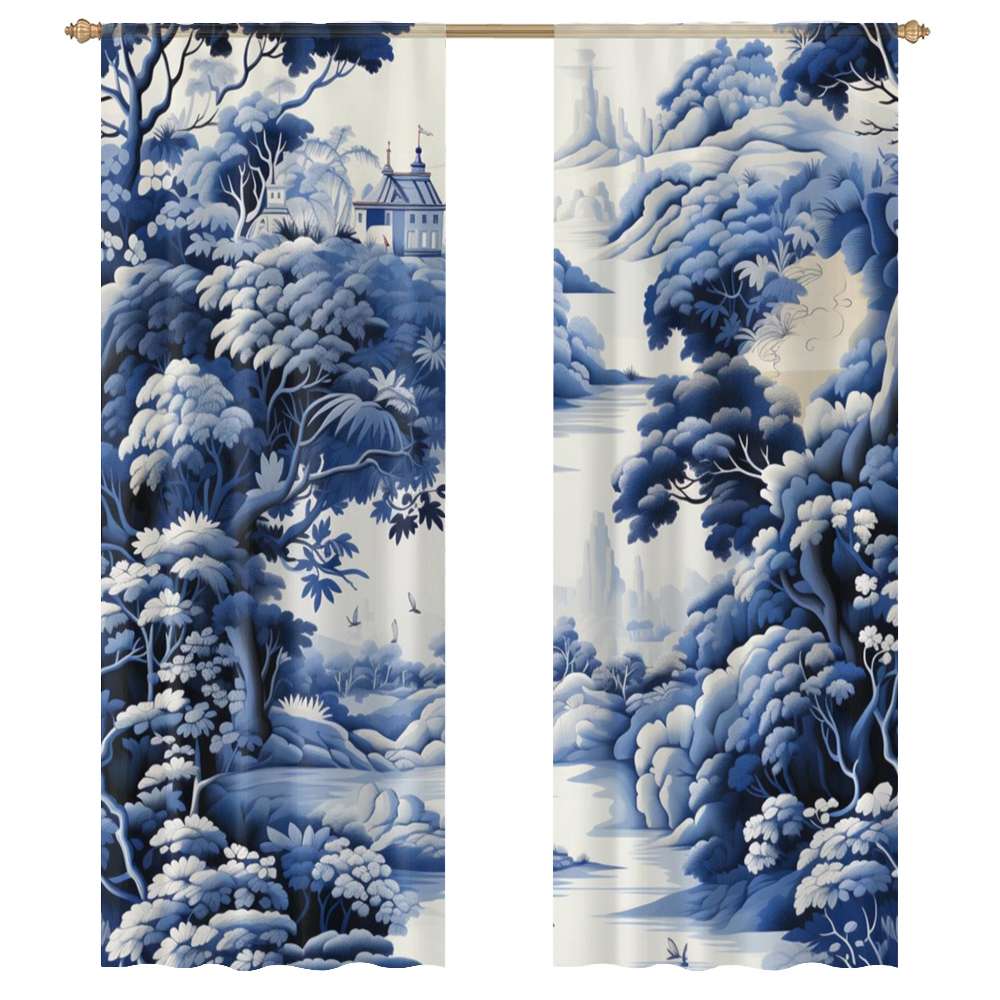 Blue Chinoiserie Toile River Modern Tulle Window Curtains for Living ...