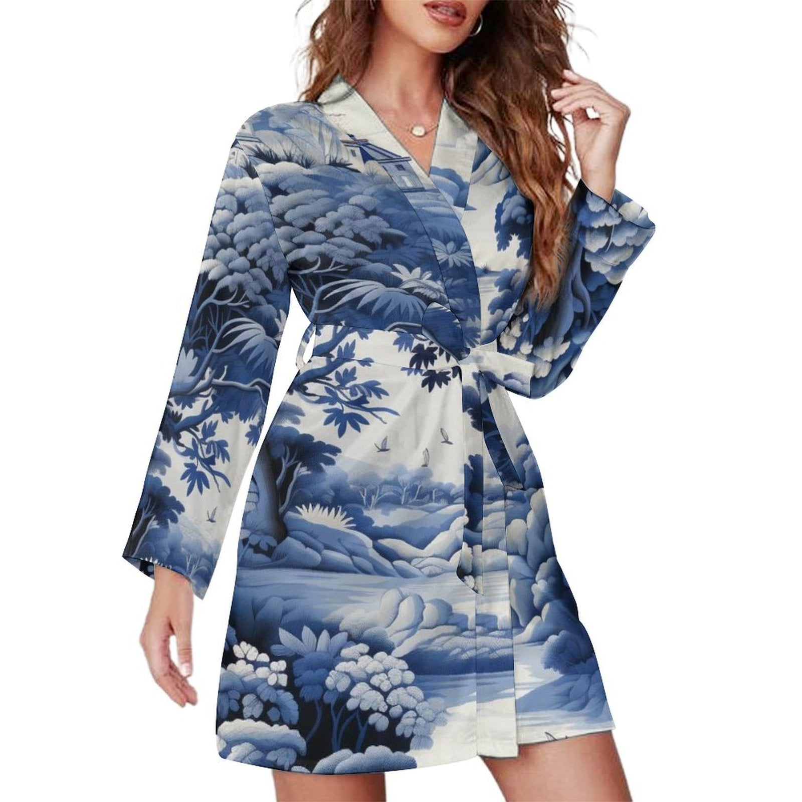 Blue Chinoiserie Toile River Night Robe Long Sleeve V Neck Robe With ...