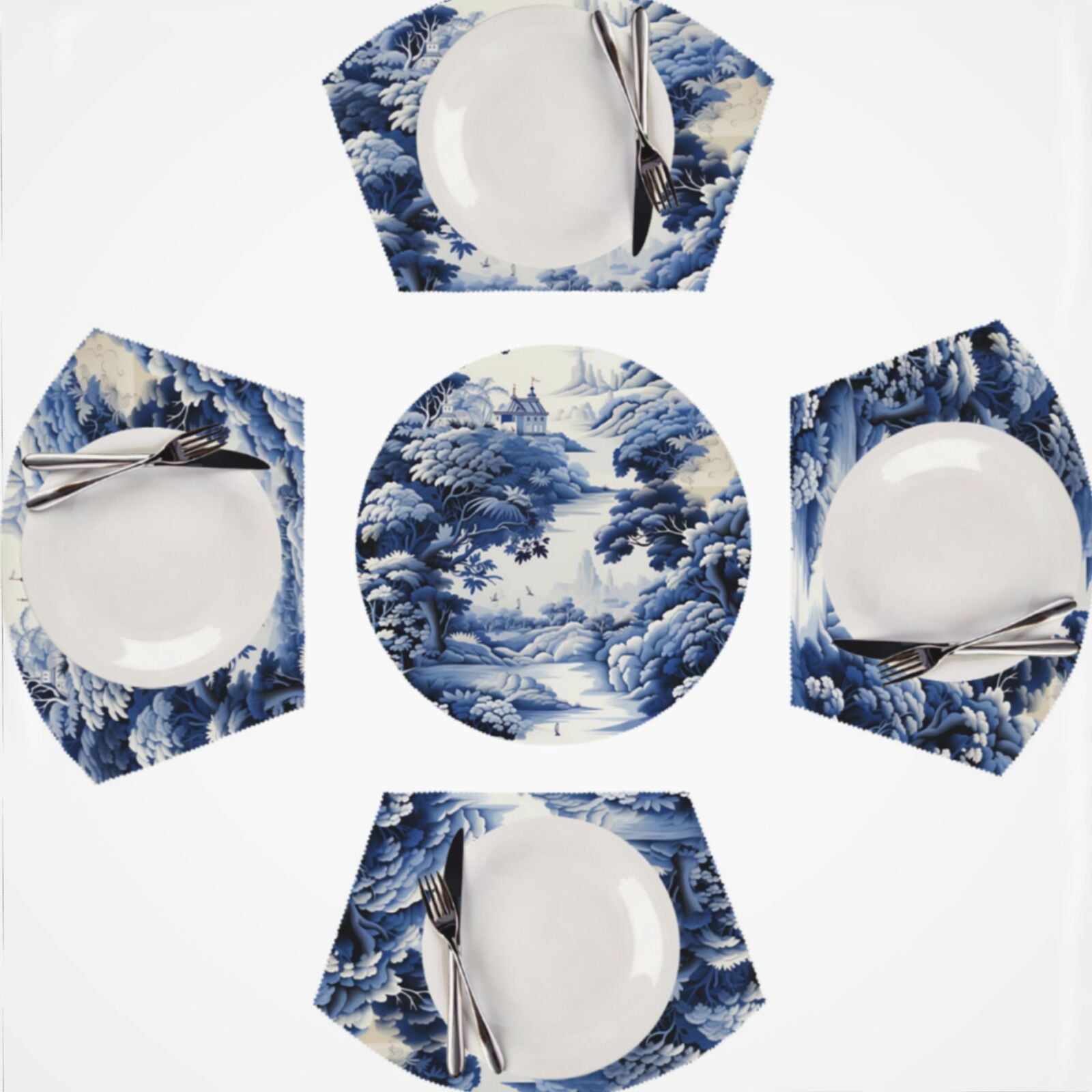 Blue Chinoiserie Toile River Round Table Placemats Set Of 5 Wedge Table ...