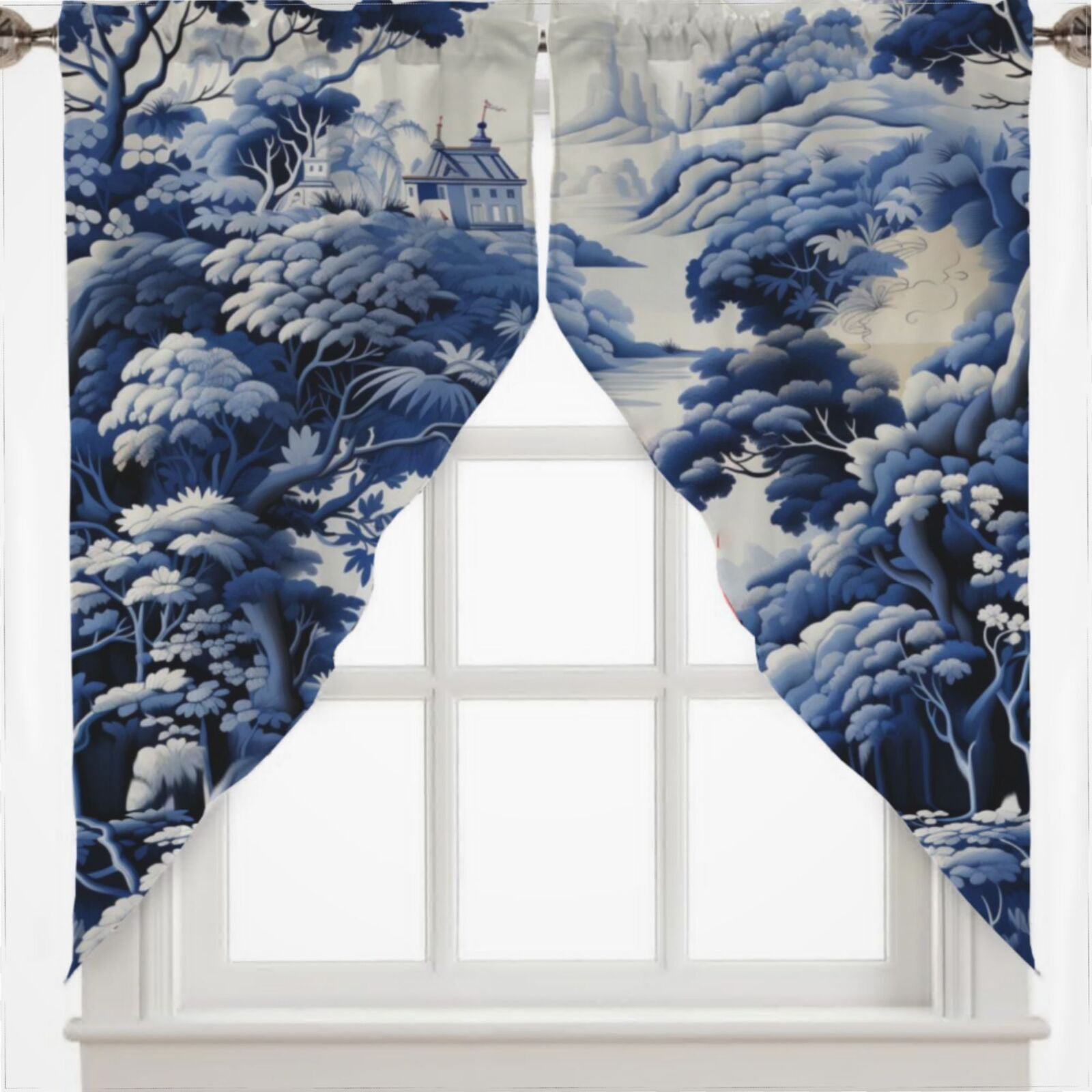 Blue Chinoiserie Toile River Swag Valances For Windows 2 Pack For ...