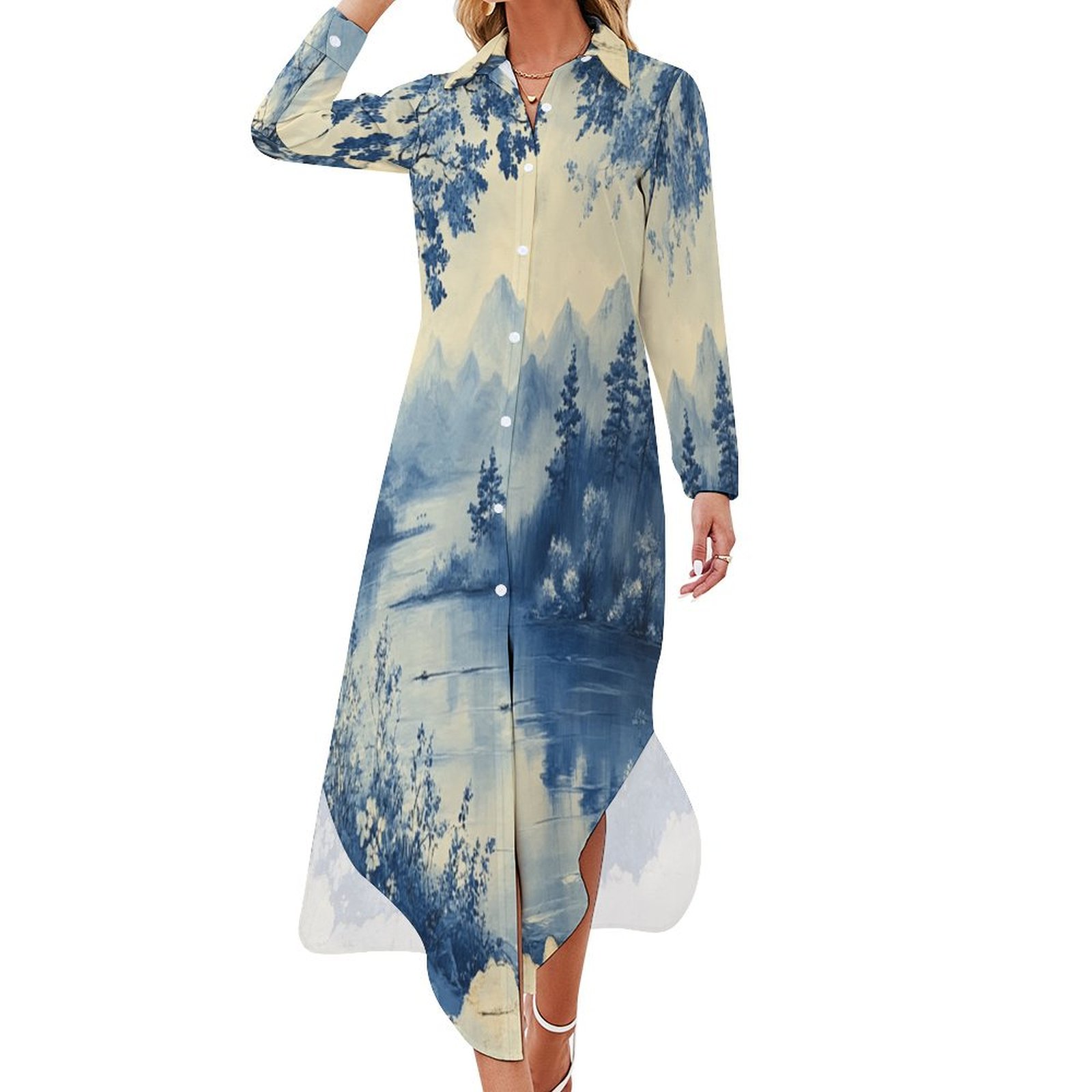 Blue Chinoiserie Toile Shirt Dress Long Sleeve Street Fashion V Neck ...
