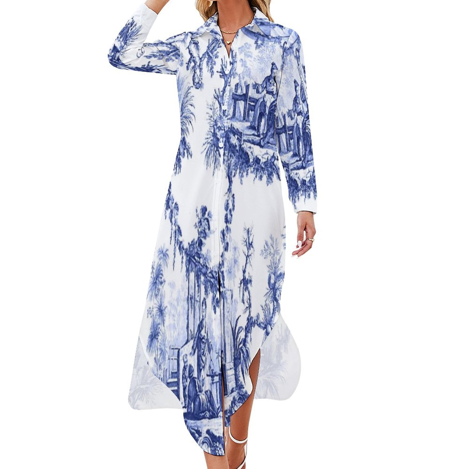 Blue Chinoiserie Toile Shirt Dress Long Sleeve Street Fashion V Neck ...