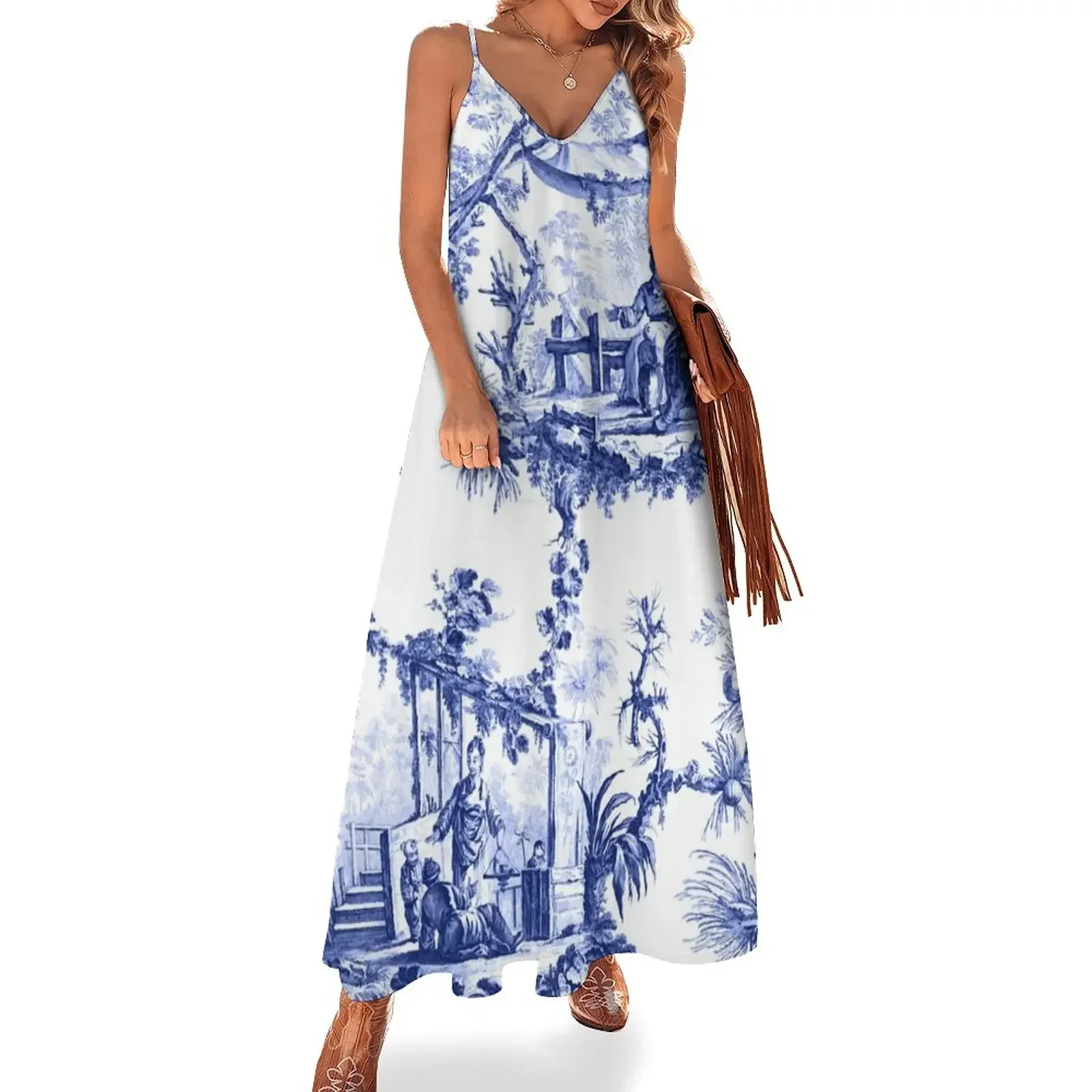 Blue Chinoiserie Toile Sleeveless Dress women's summer dress02 womens ...