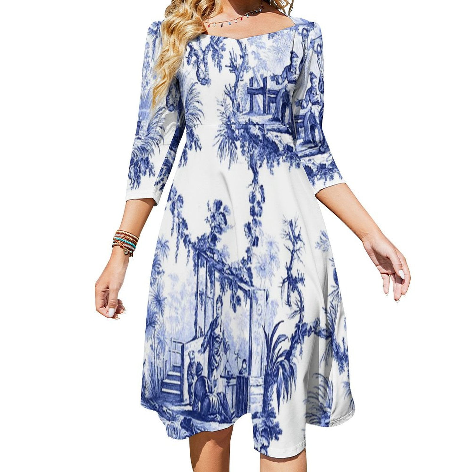 Blue Chinoiserie Toile Sweetheart Knot Flared Dress Fashion Design ...