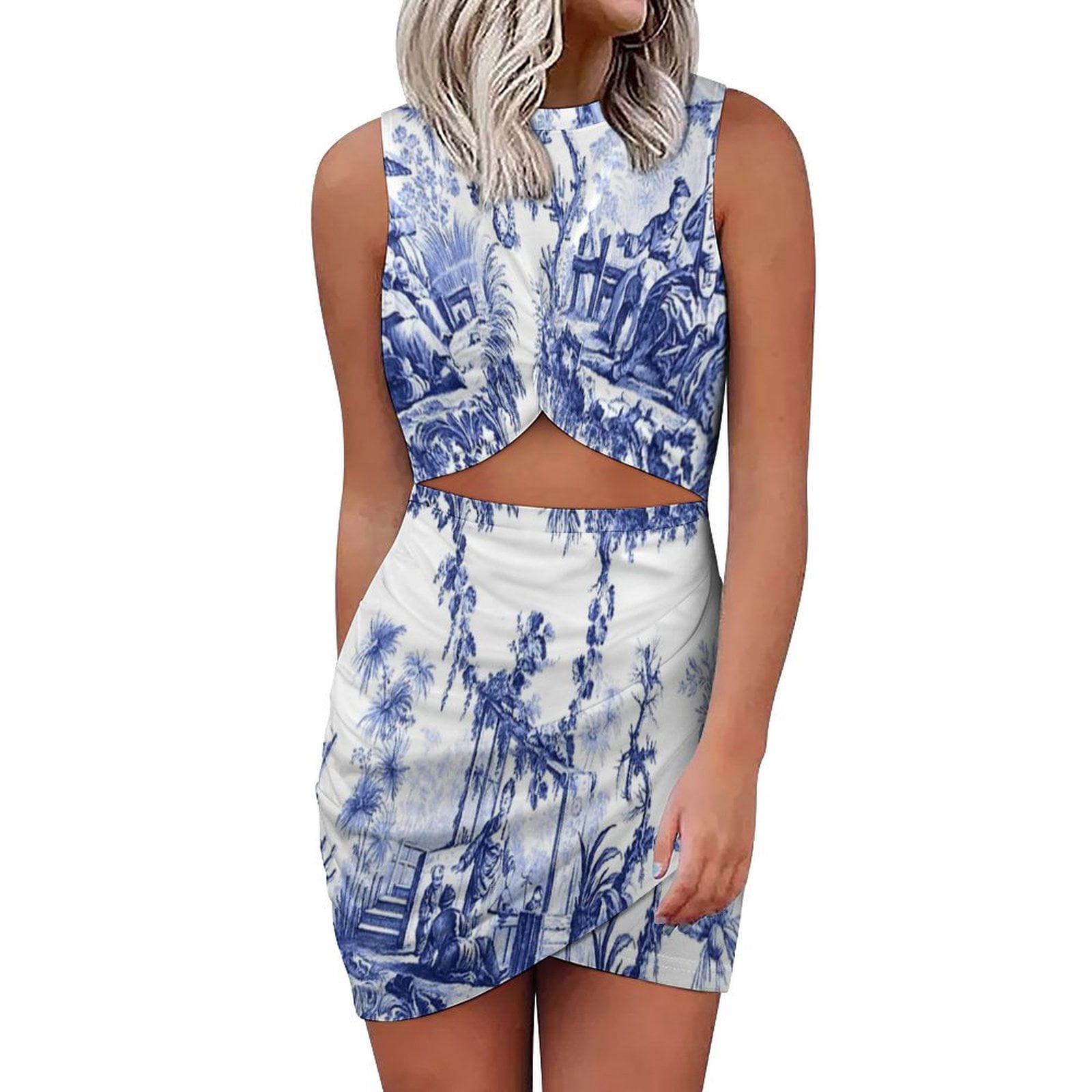 Blue Chinoiserie Toile Women's Crossover Slim Hip Dress Summer ...