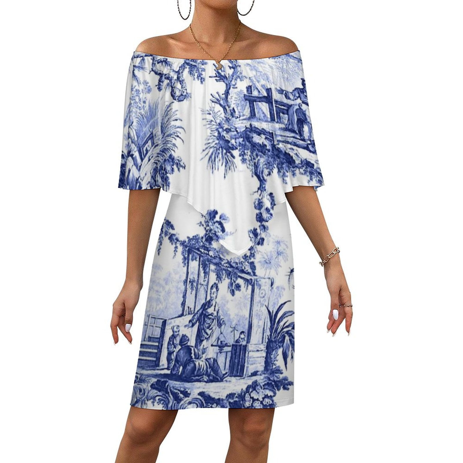 Blue Chinoiserie Toile Women's Off The Shoulder Ruffles Summer Wedding ...